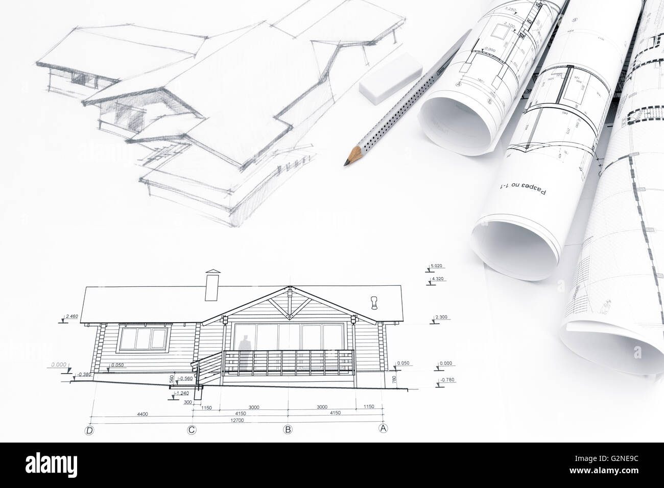 architectural drawing with engineering and architecture blueprints ...