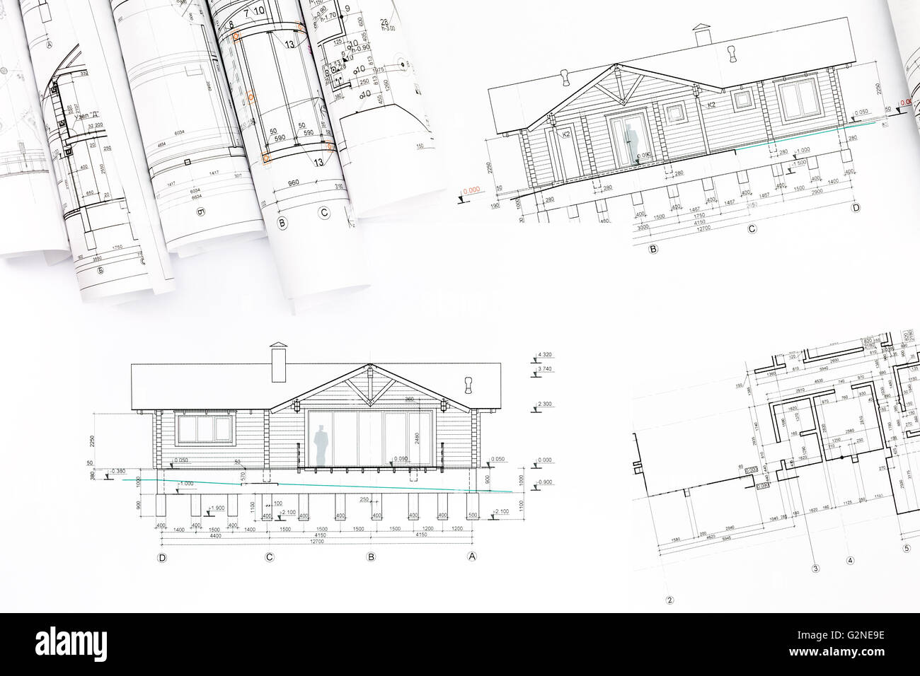 rolls of blueprints of new modern house, architectural background Stock ...