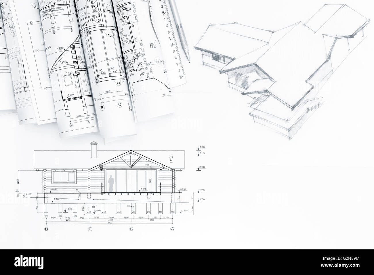 architectural drawing with engineering and architecture blueprints ...