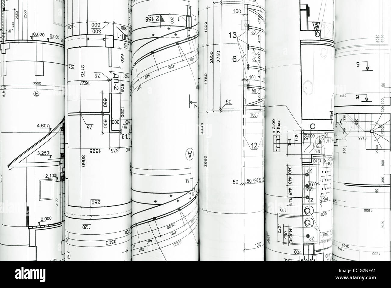 rolls of architecture blueprints and technical drawings, architectural ...