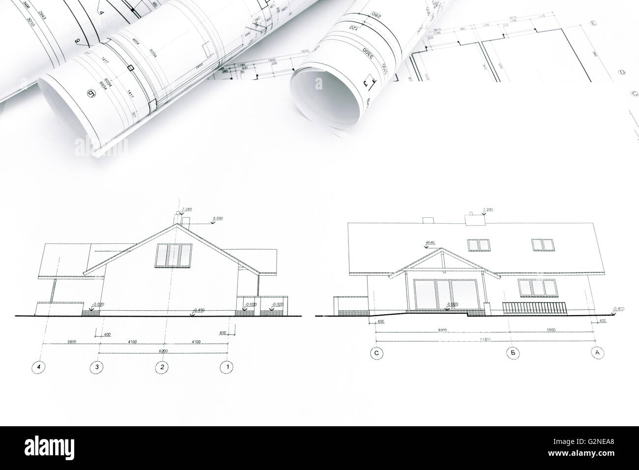 rolls of blueprints of new modern house, architectural background Stock ...