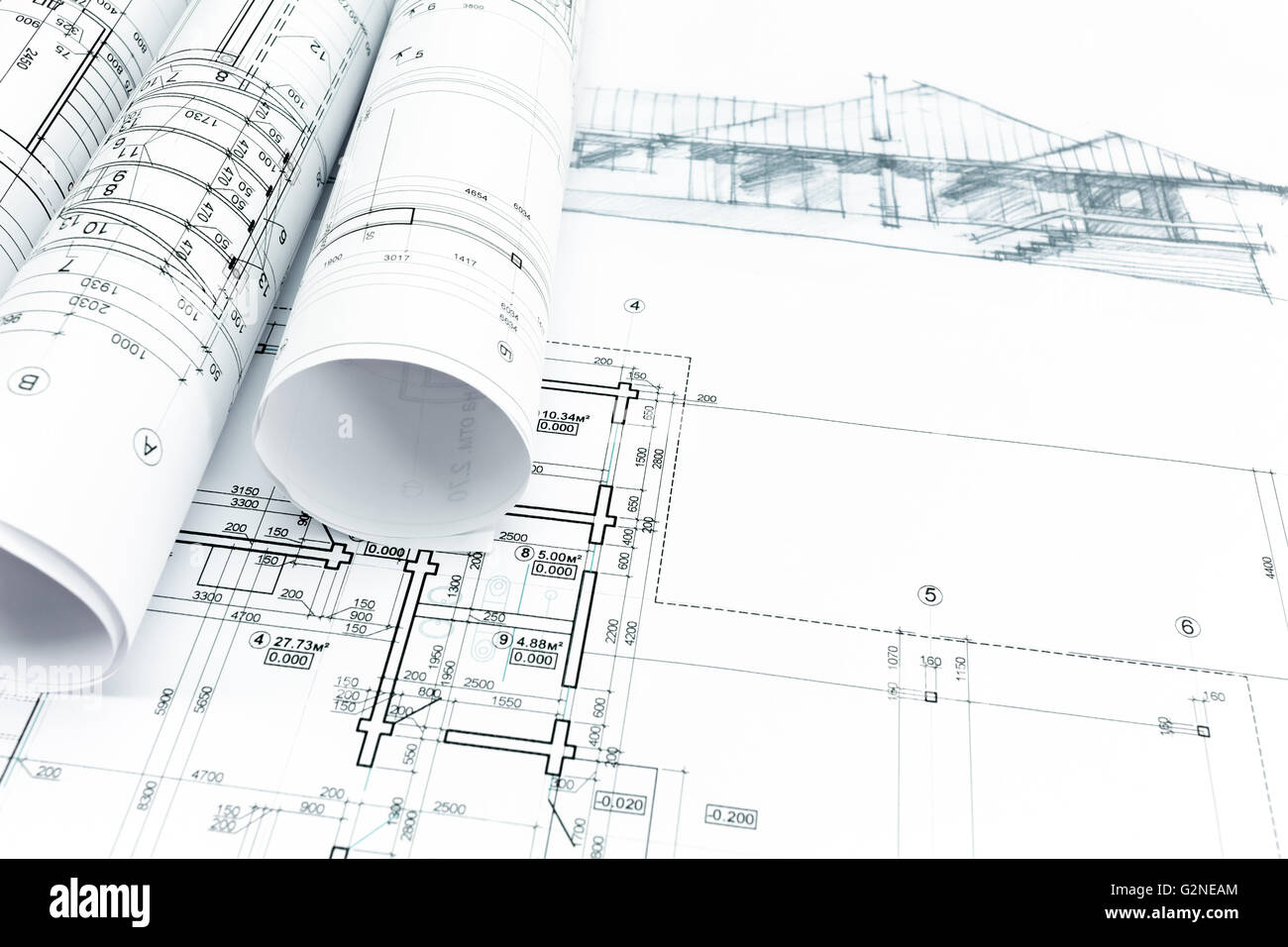 house sketch with engineering and architecture blueprints Stock Photo ...
