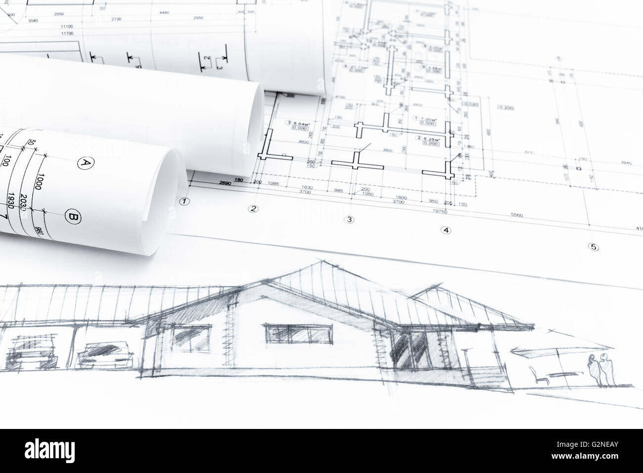 architectural hand drawing with architect rolls and plans Stock Photo ...
