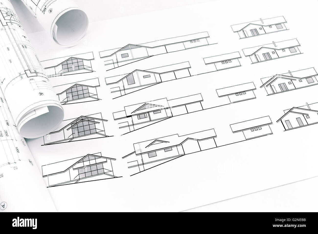 rolls of blueprints of new modern house, architectural background Stock ...