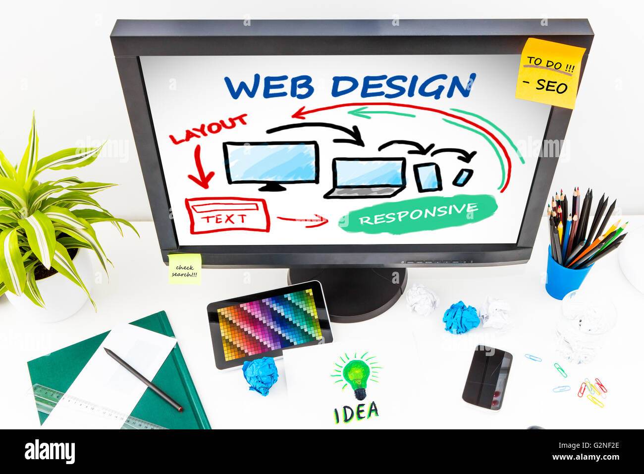Designer's desk with responsive web design concept Stock Photo - Alamy
