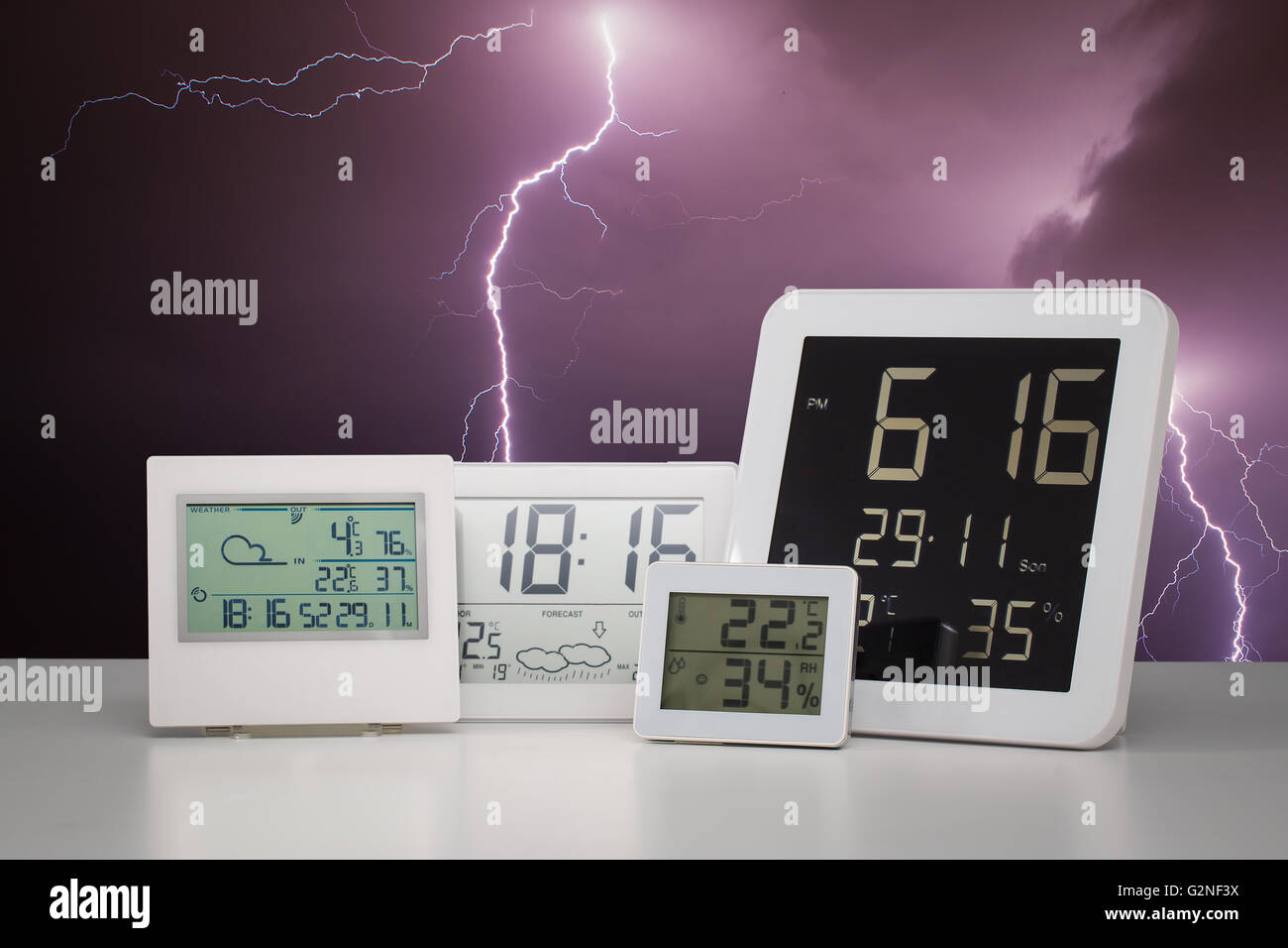 Weather station device with weather conditions outside background Stock ...
