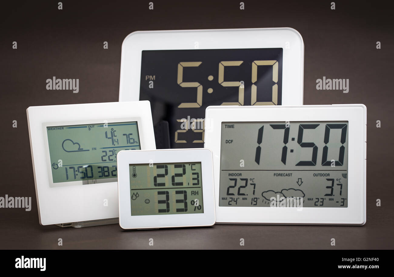 Weather station device with weather conditions. Gray background Stock ...