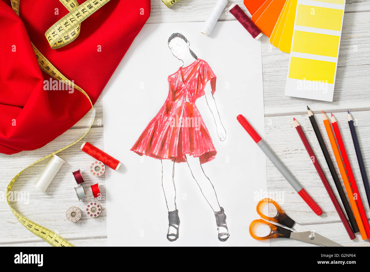 Fashion designer studio with equipment. Close up design Stock Photo - Alamy