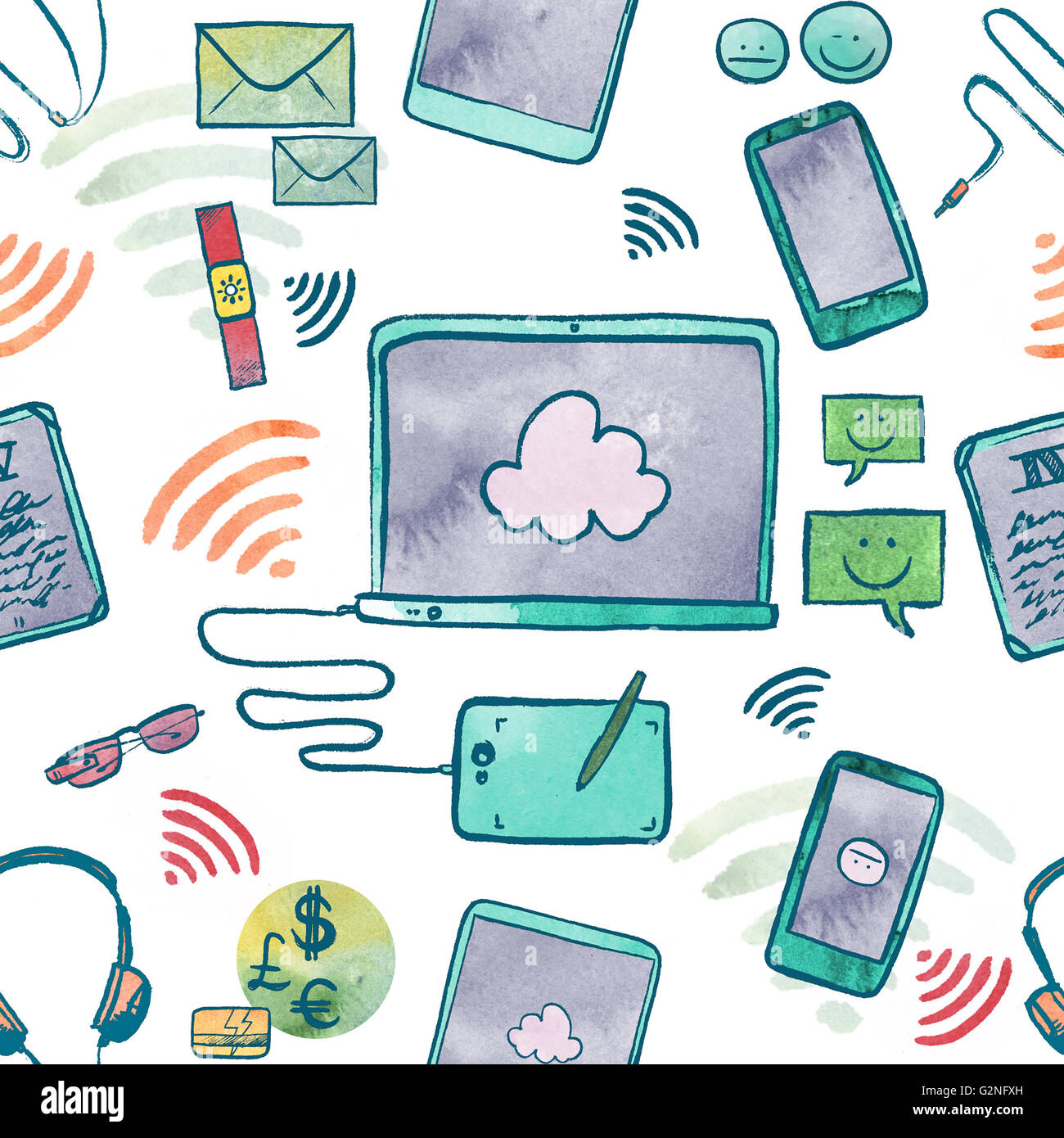 Watercolor Illustration Of Communication Technology Devices Stock Photo ...