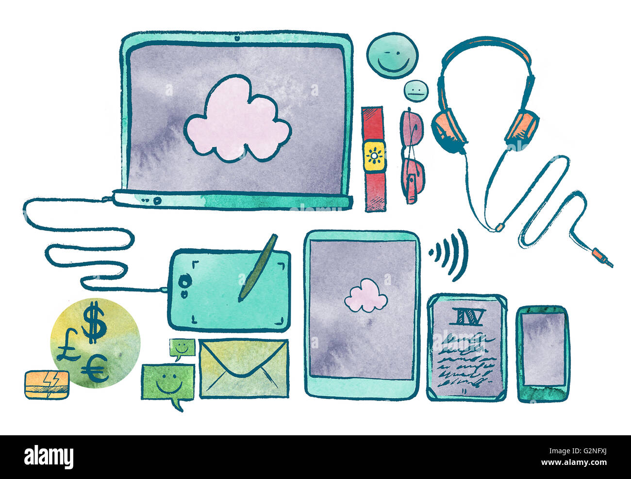 Watercolor Illustration Of Communication Technology Devices Stock Photo ...