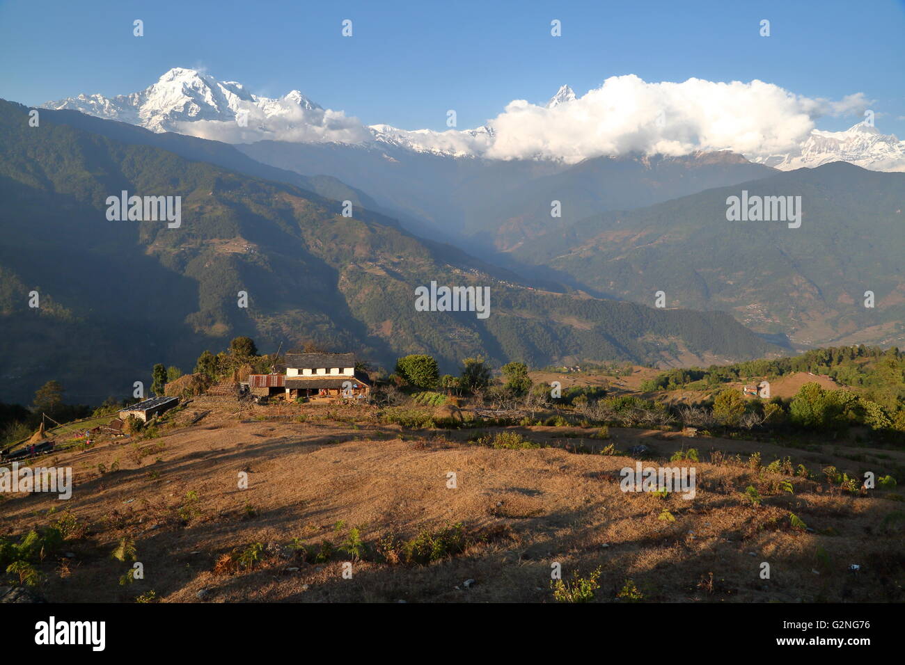 Himalaya mountains seen from Annapurna foothills near Dhampus, Pokhara ...