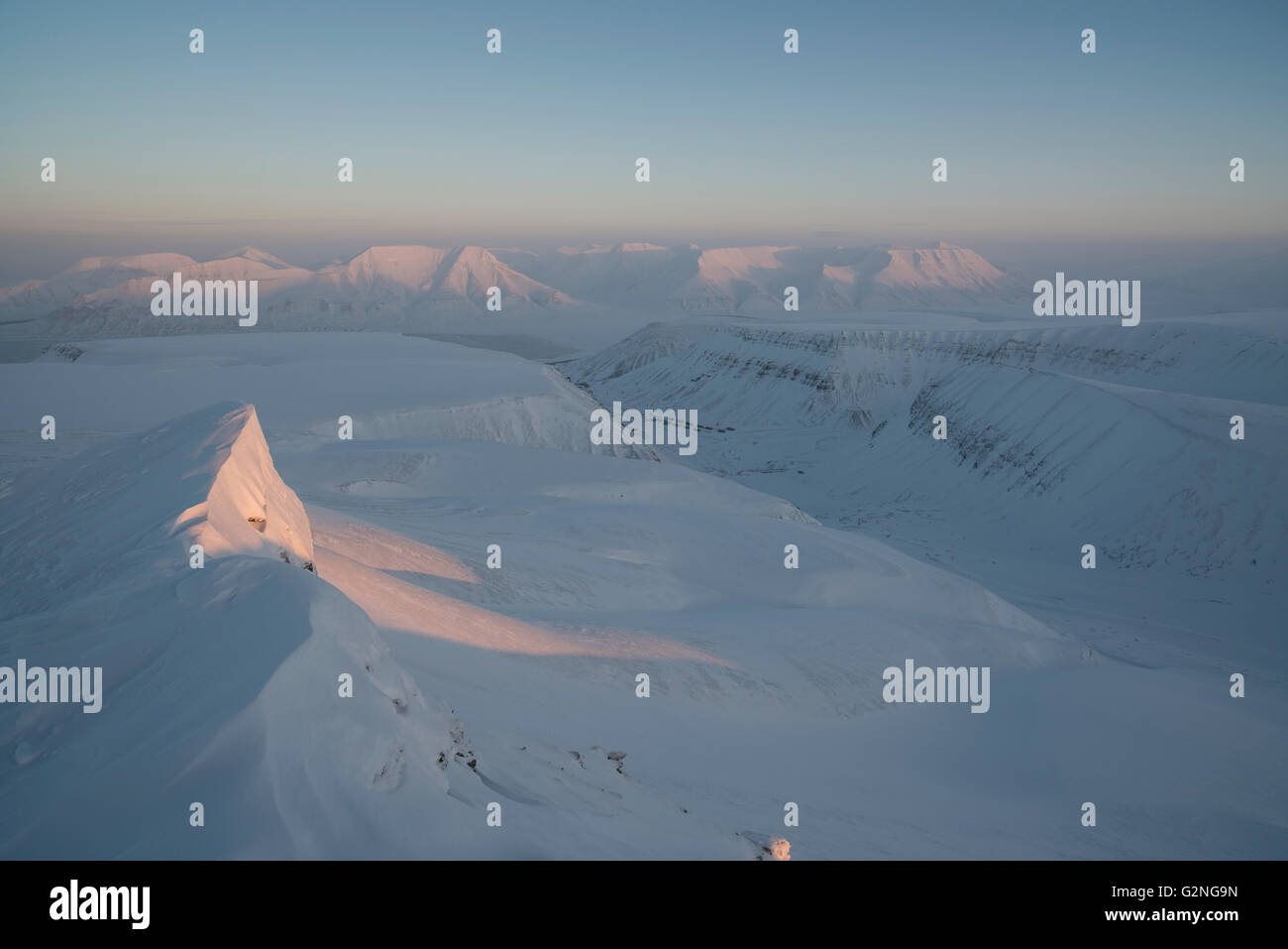 Winter season in the wilderness of Svalbard. Mountains in the first ...