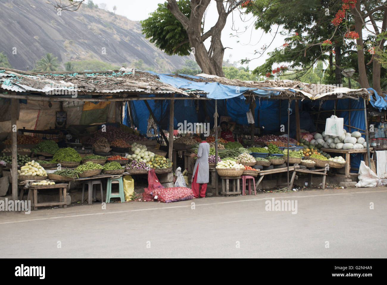 Small vegetable and fruit shops on the street of Shravanbelgola ...