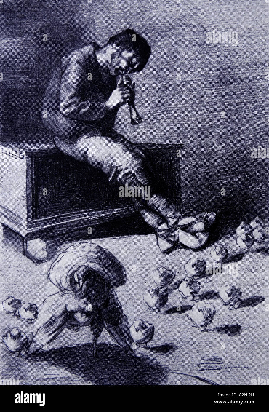 Drawing of an Italian strolling musician who plays the piffero by ...