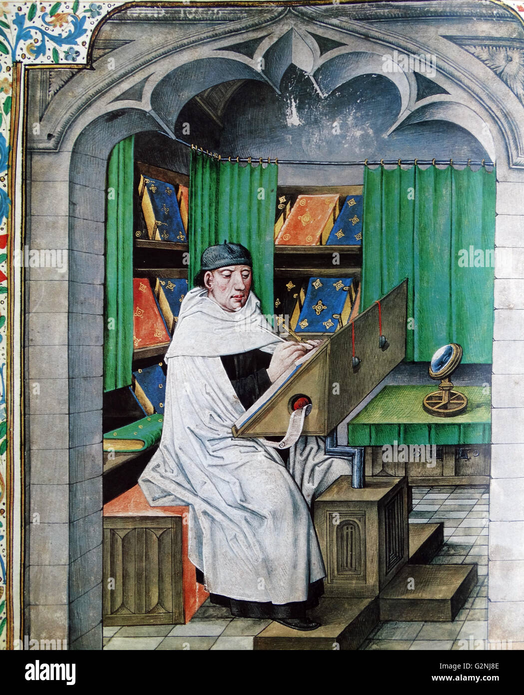 Portrait of the Dominican friar, Vincent de Beauvais, shown writing in ...