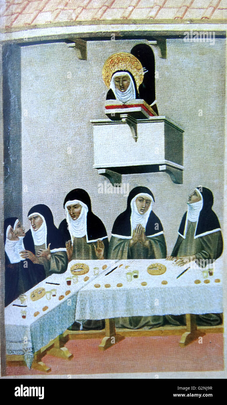 Fresco of Poor Clares at a table with a nun reading to them. The nun ...