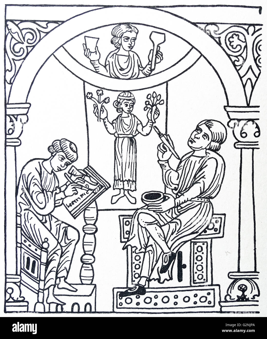 Line drawing of a mural painter painting. He is sat painting a woman ...