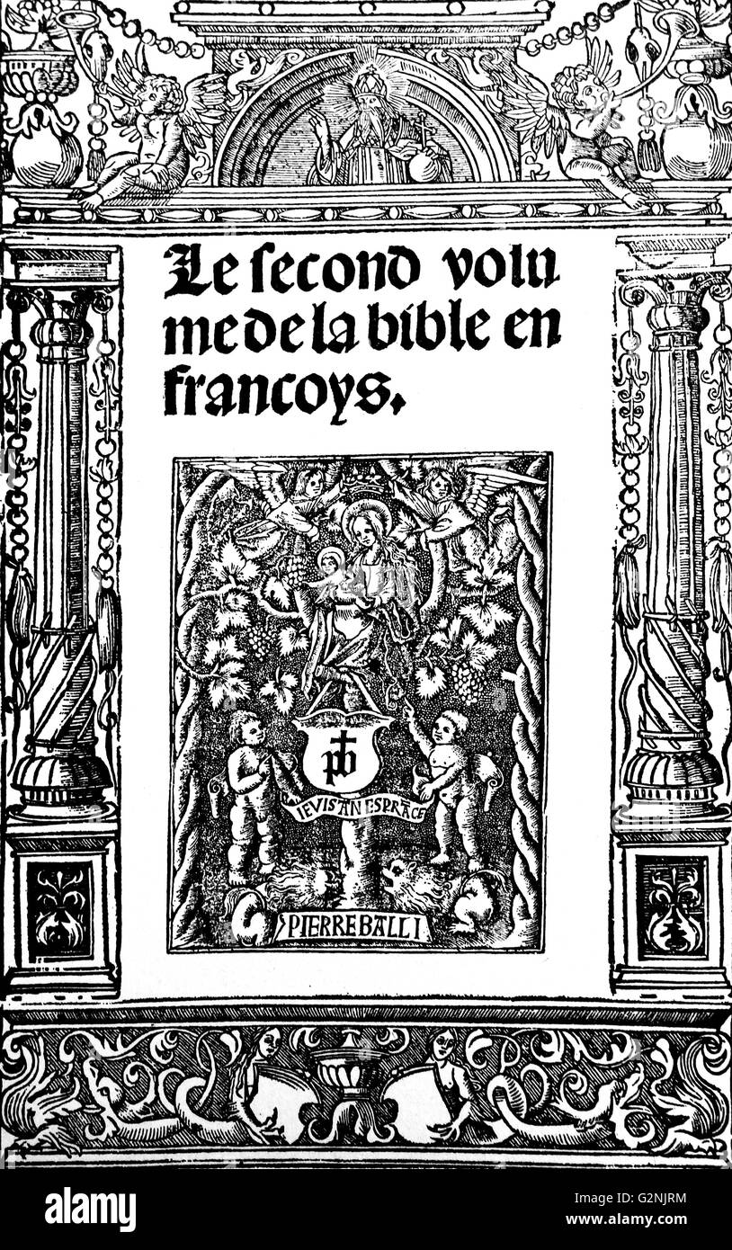 Title page from a 16th Century Bible. Gothic elements such as the large ...