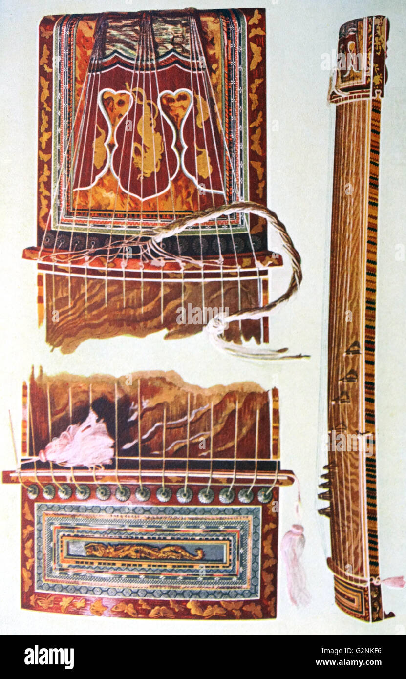 Japanese Sono Koto. The thirteen strings on this instrument are made ...