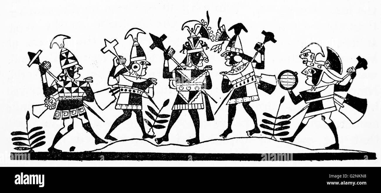 Peruvian warriors of the Inca period. From an ancient Peruvian painting ...