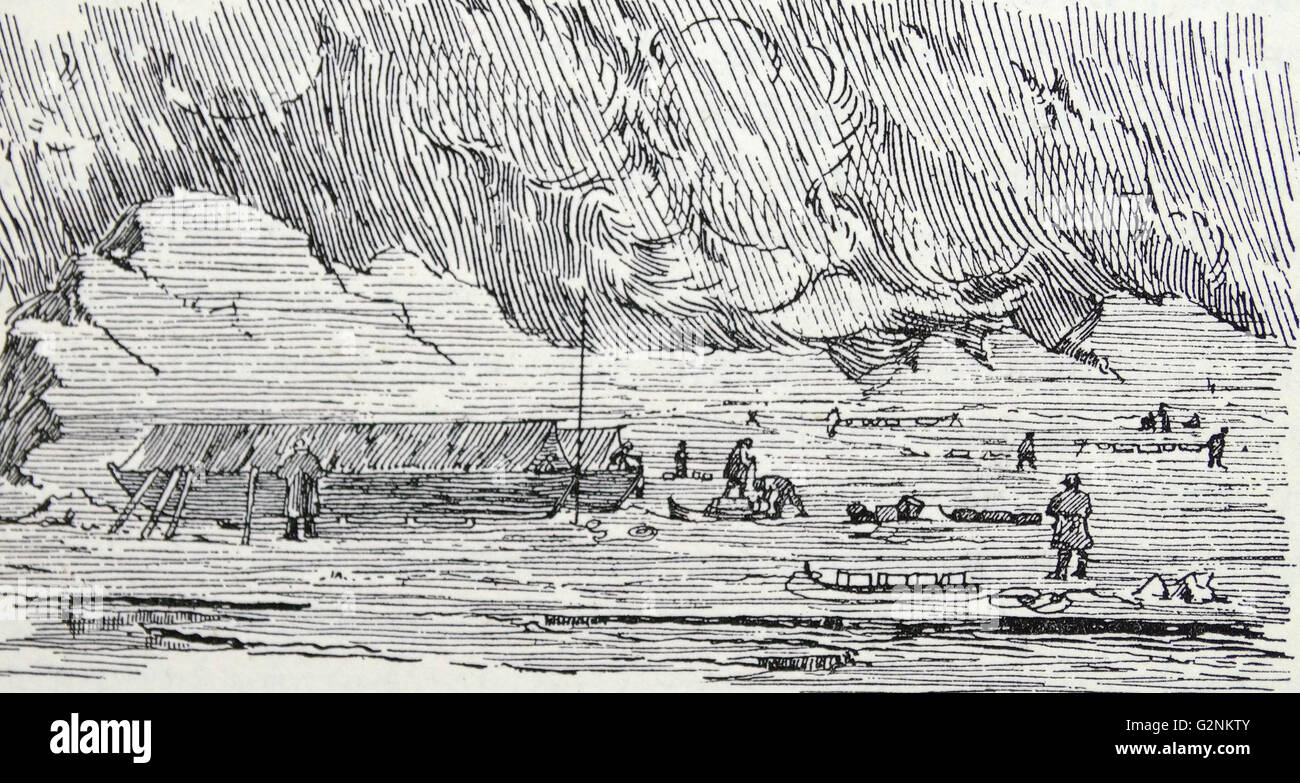 The boats of Parry's expedition hauled up on the ice for the night ...