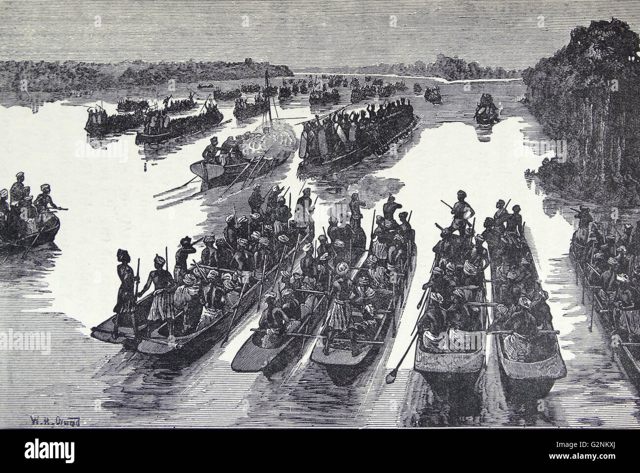 British explorer H.M. Stanley in a fight with African warriors ...