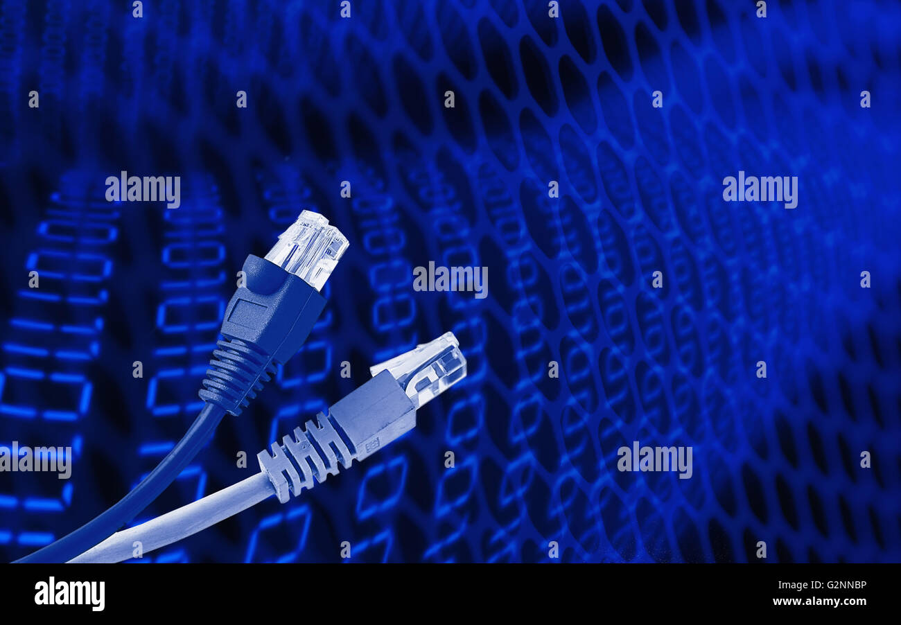 shallow DOF blue network cable with connectors. Binary code on dark ...