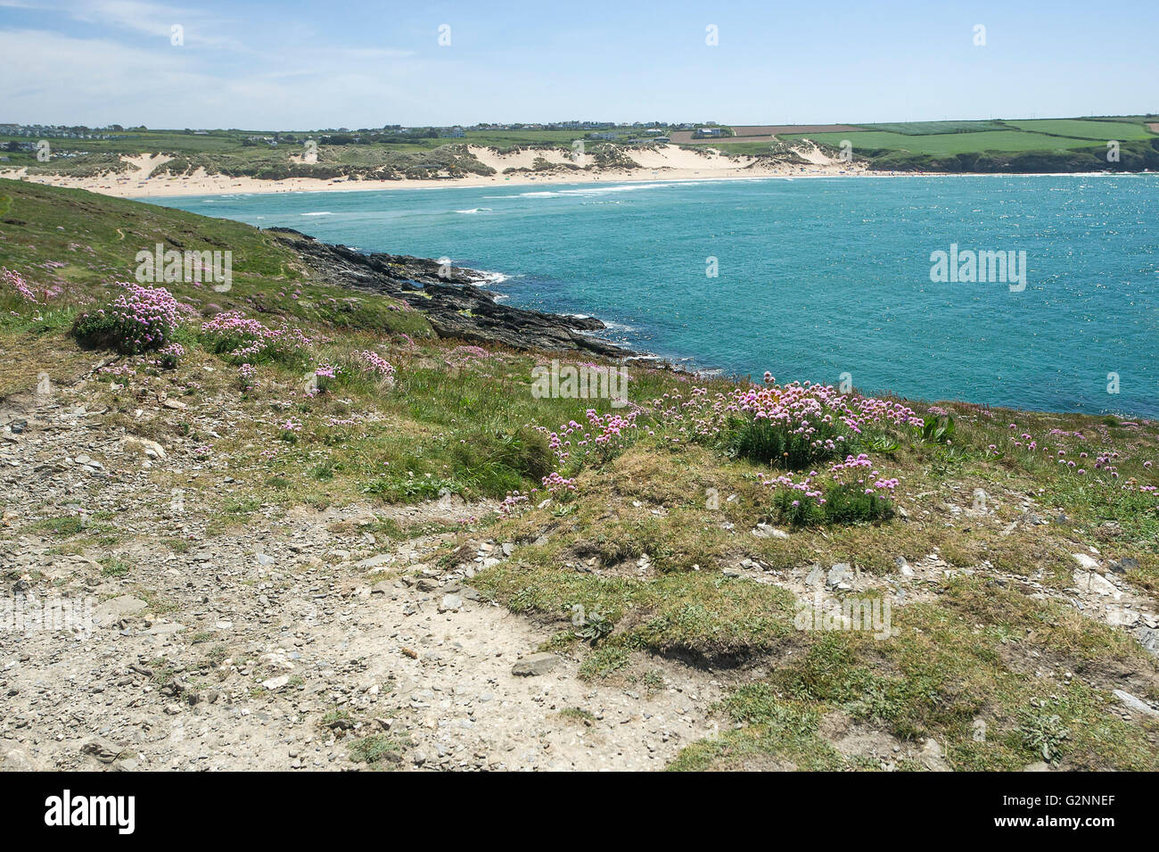 Sunny weather over Crantock Beach seen from East Pentire Headland in ...