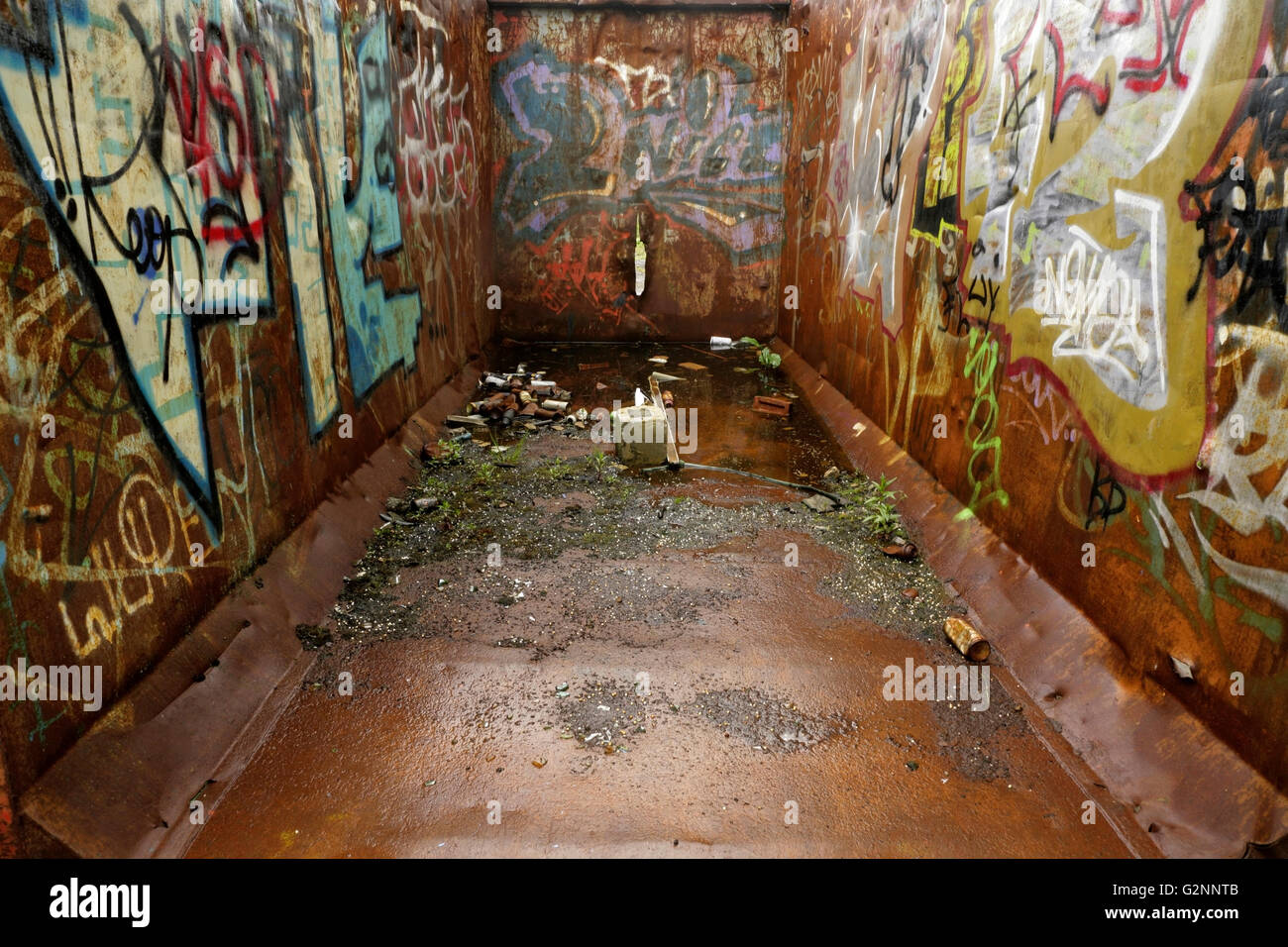 Interior of an empty vandalised shipping container Stock Photo - Alamy