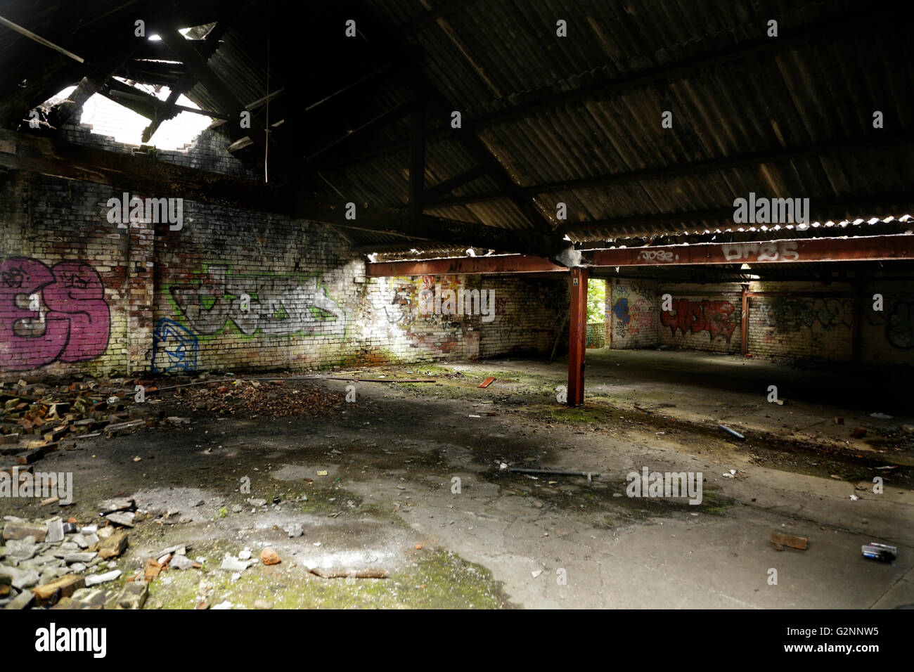 Graffiti and vandalism in abandoned derelict industrial building Stock ...