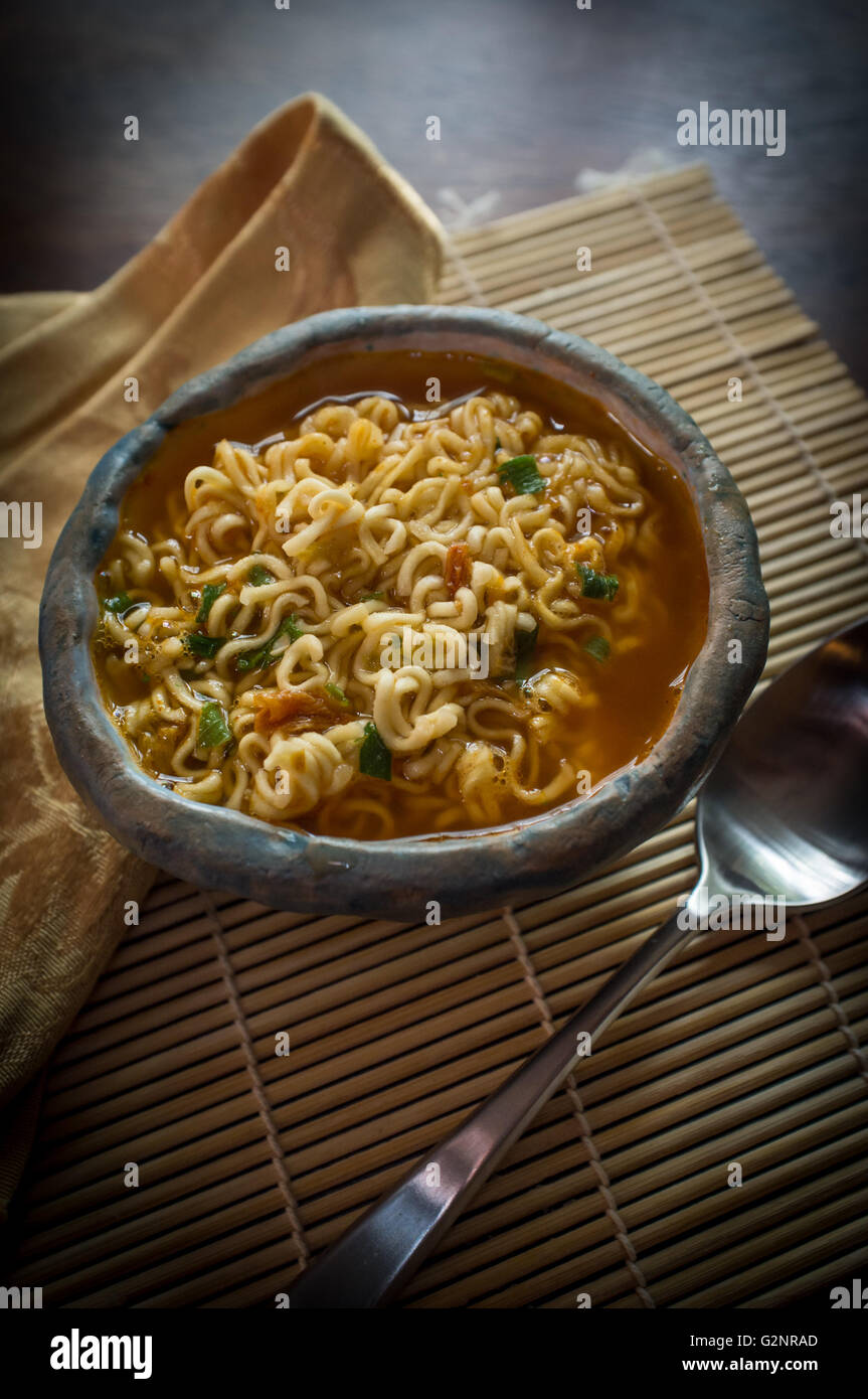 Simple Korean spicy ramen noodles in red broth Stock Photo - Alamy