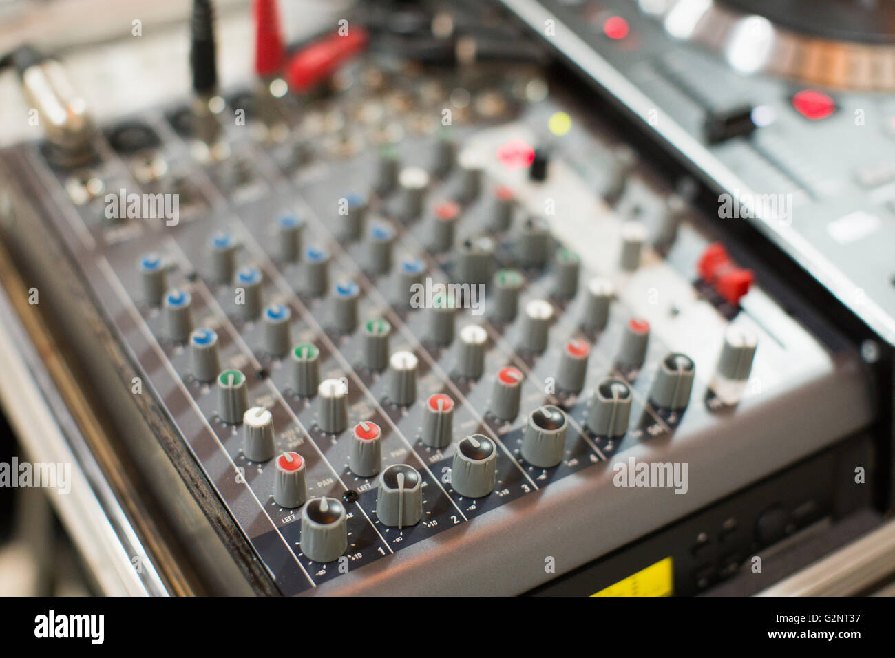 Professional audio mixing console with faders and adjusting knobs Stock ...
