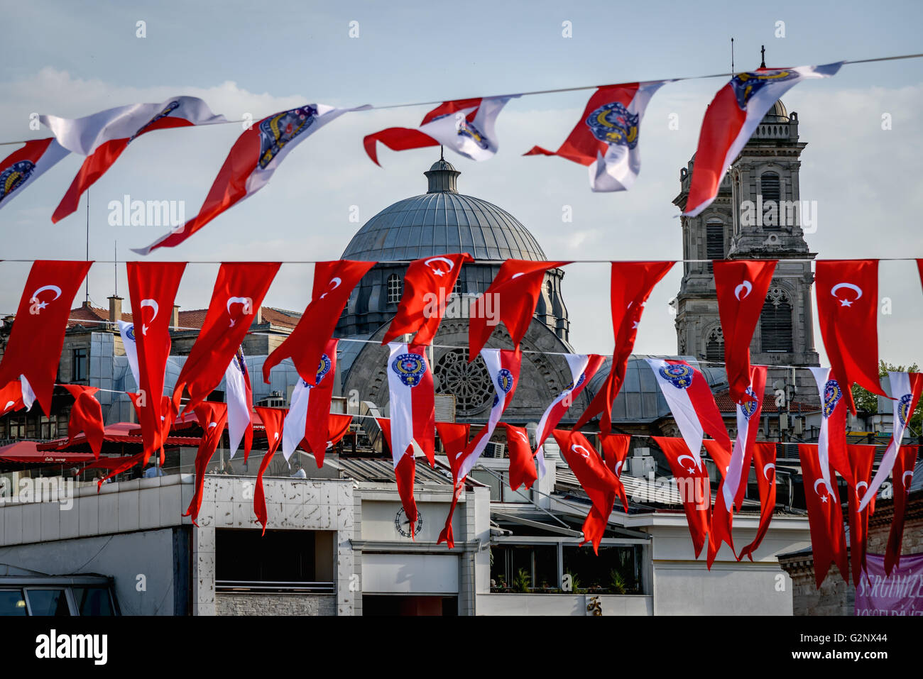 Turkish flags obscecurring the view of mosque in Istanbul, Turkey Stock ...