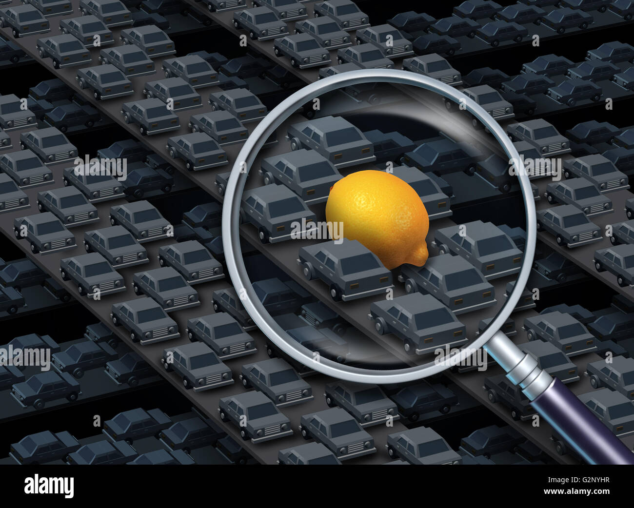 Driving a lemon car concept as a magnifying glass focusing on a group ...