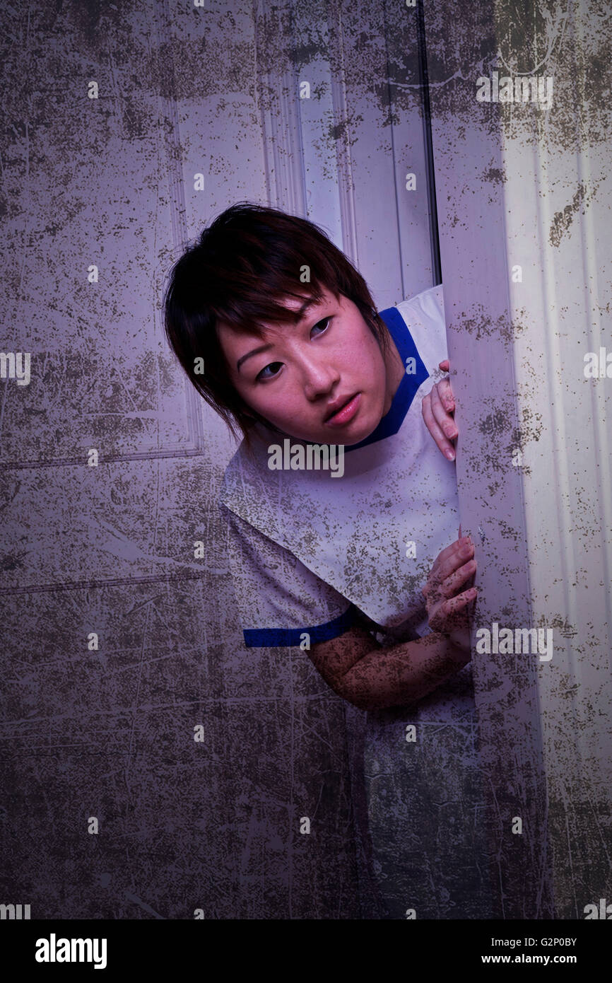 girl female horrible panic fear afraid dread funk affright hide hidden seek escape ghost spirit ...