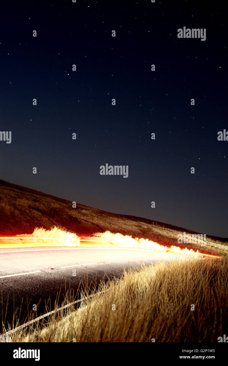 Car lights road under starlight Stock Photo - Alamy