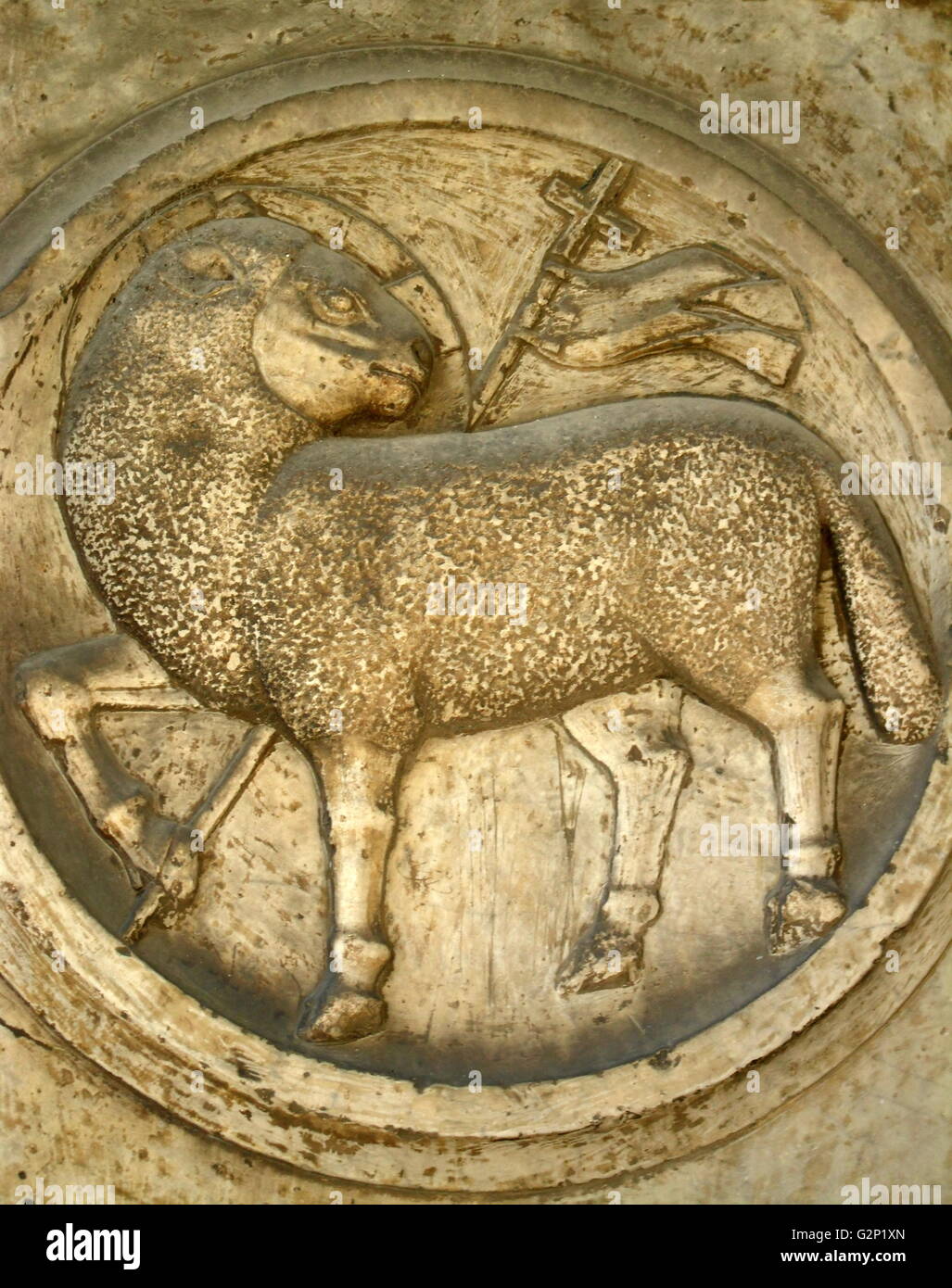 External detail from a church in Florence, Italy. Stonework reliefs ...