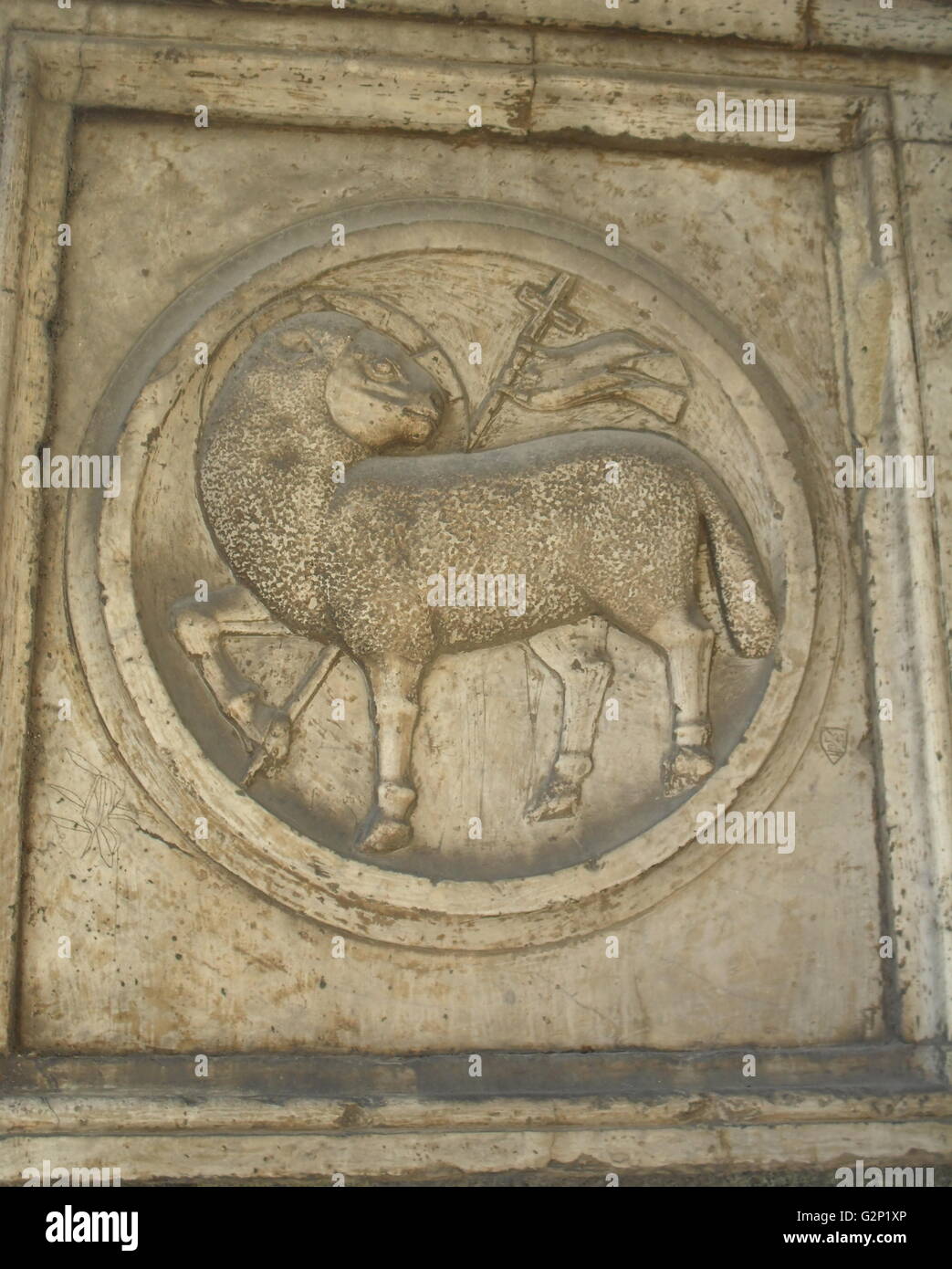 External detail from a church in Florence, Italy. Stonework reliefs ...