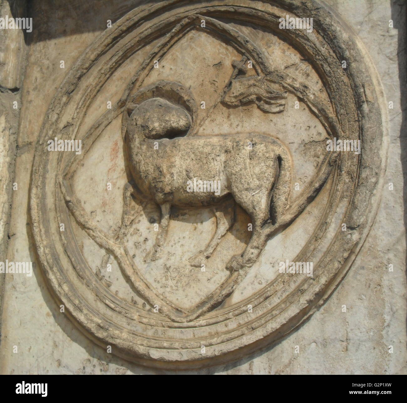 External detail from a church in Florence, Italy. Stonework reliefs ...