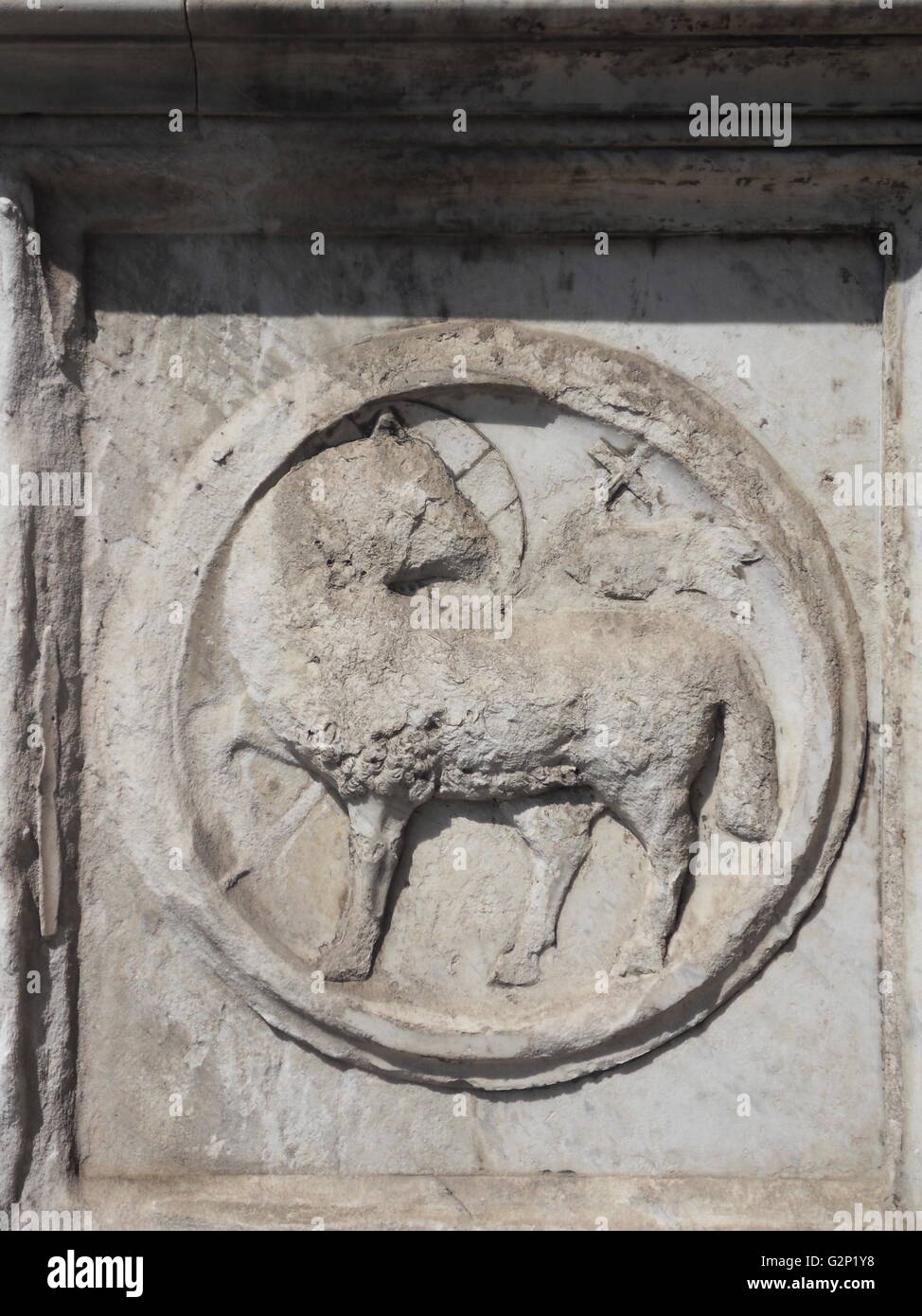 External detail from a church in Florence, Italy. Stonework reliefs ...