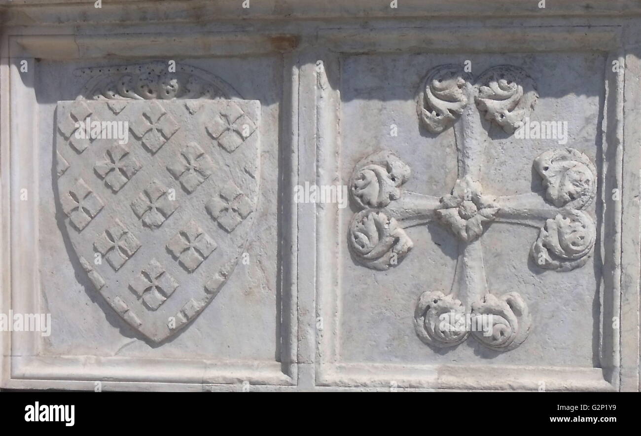 External detail from a church in Florence, Italy. Stonework reliefs ...