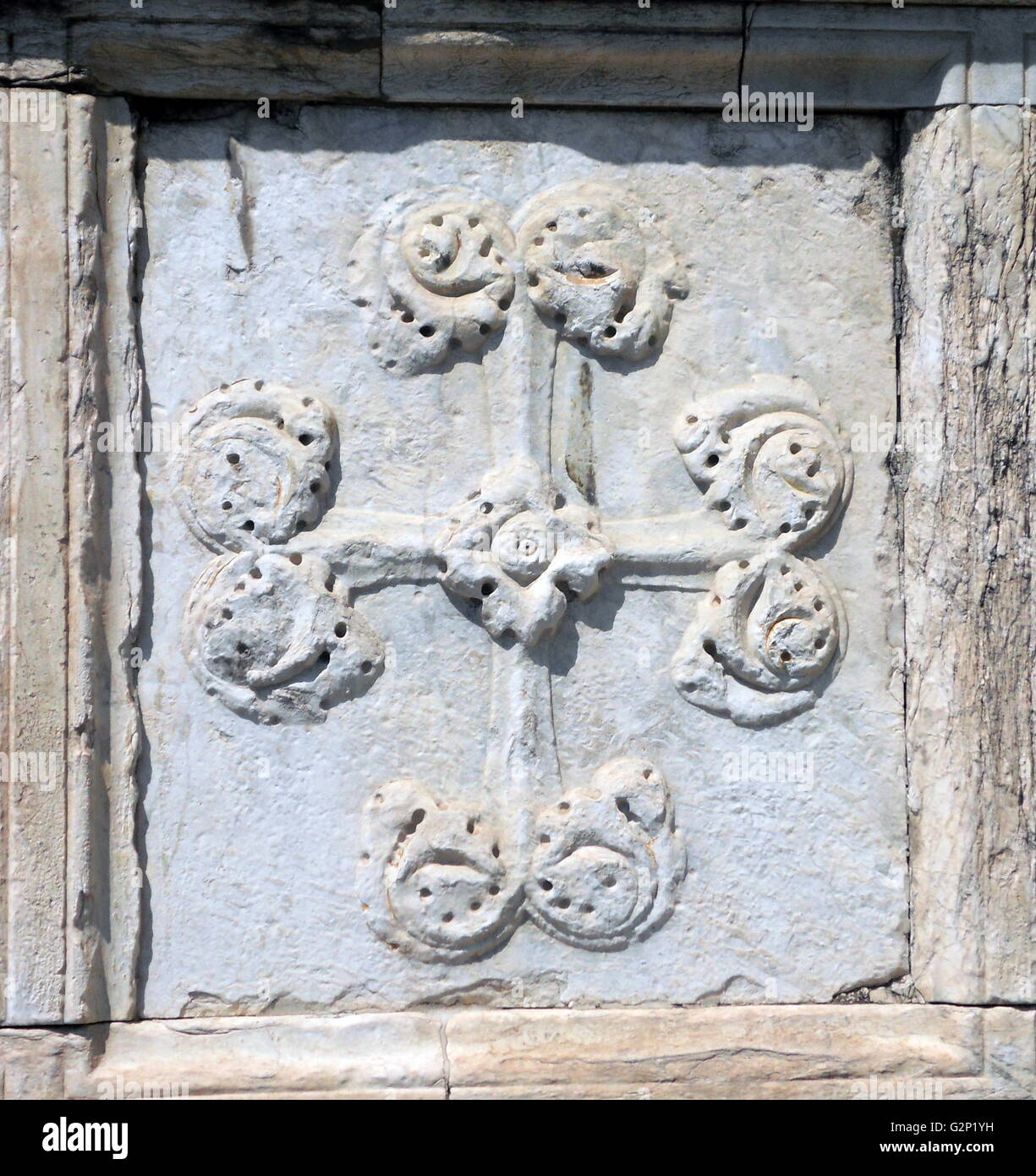 External detail from a church in Florence, Italy. Stonework reliefs ...