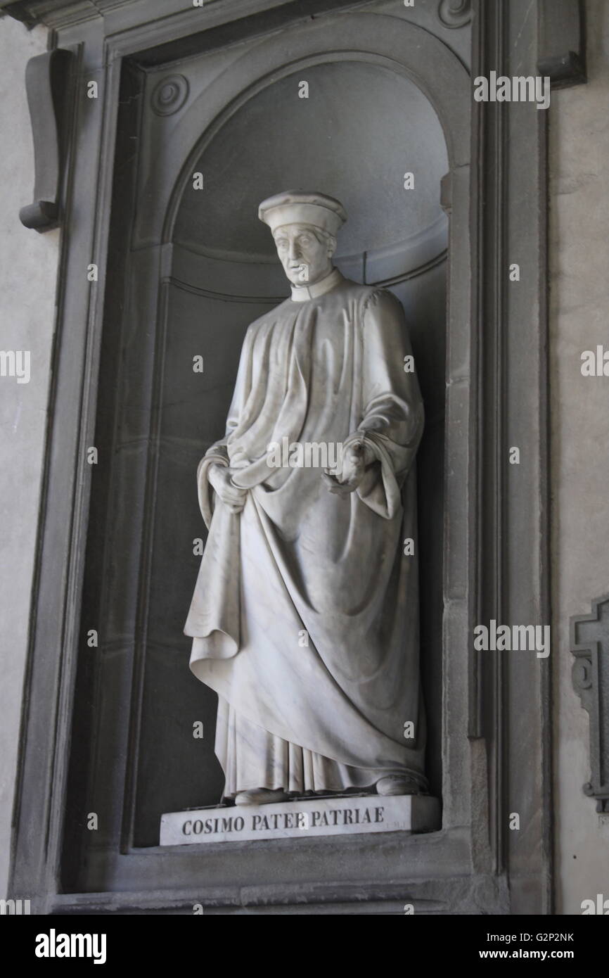 Statue located outside of the Uffizi museum in Florence, Italy. One of ...