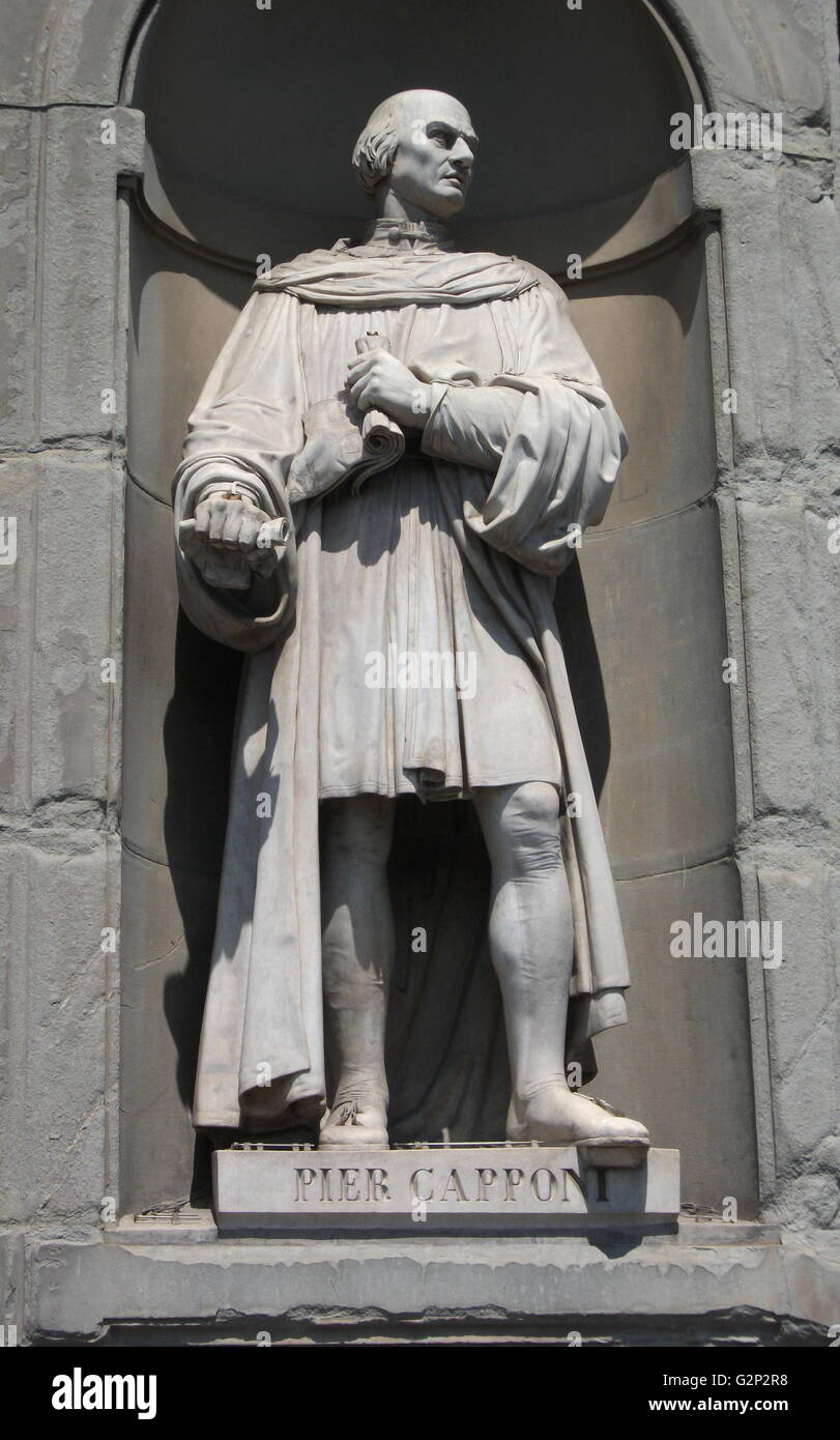 Statue located outside of the Uffizi museum in Florence, Italy. One of ...