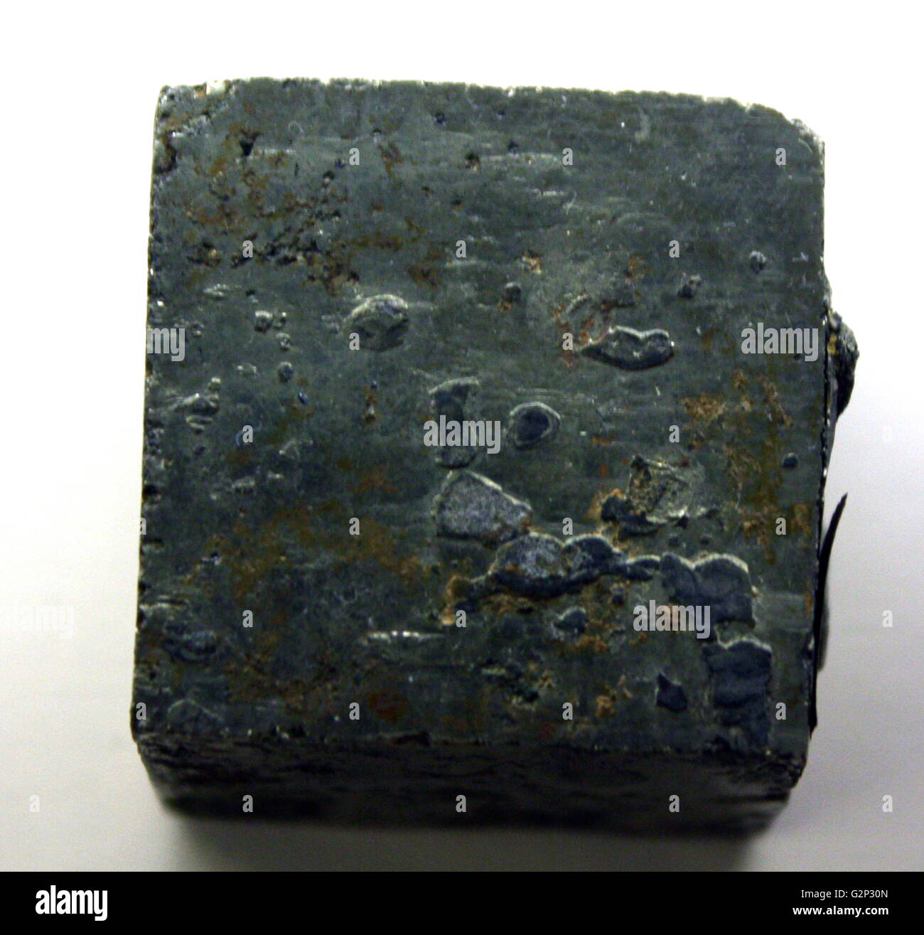 A square block of Pyrite, also known as Iron sulphide. The exposed ...