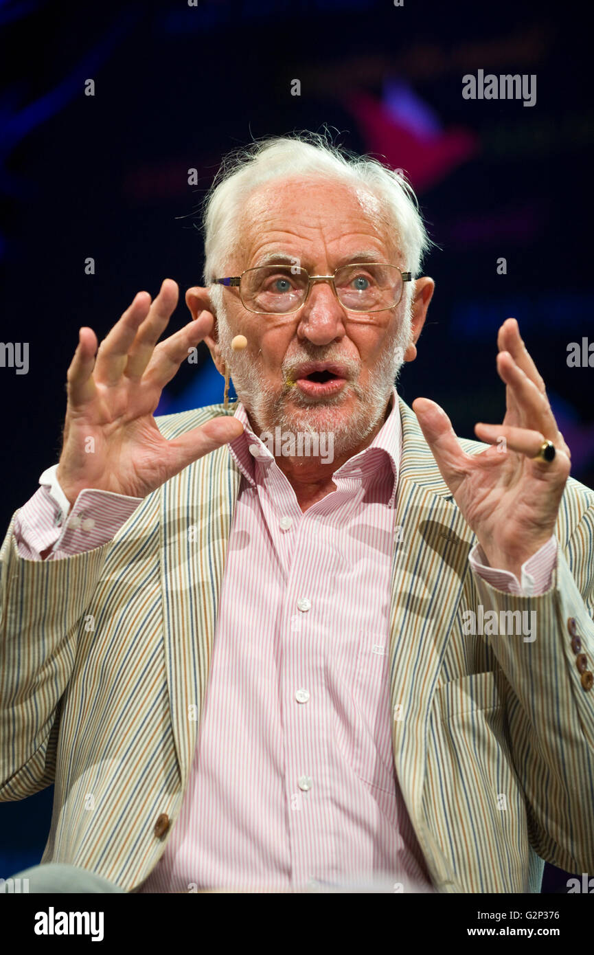 Shakespearian scholar Stanley Wells speaking on stage at Hay Festival ...