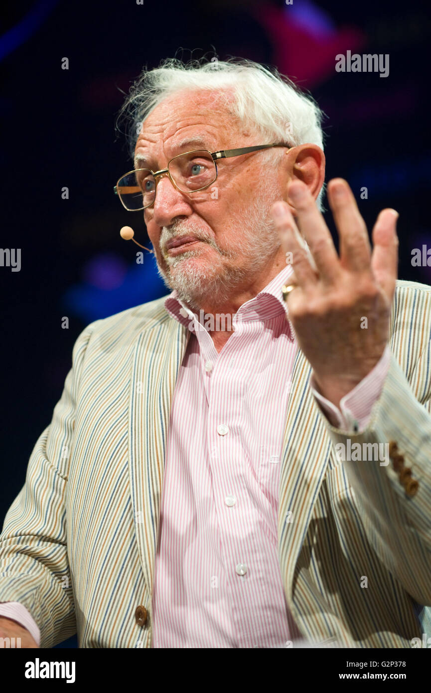 Shakespearian scholar Stanley Wells speaking on stage at Hay Festival ...