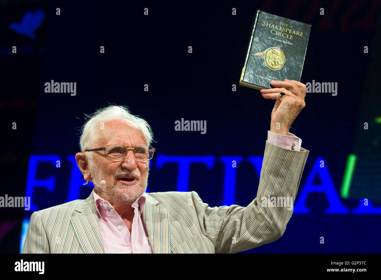 Shakespearian scholar Stanley Wells speaking on stage at Hay Festival ...