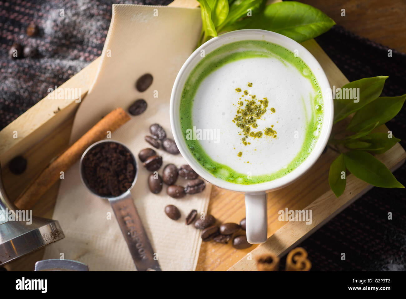 top view Green tea, milk, hot afternoon Stock Photo - Alamy