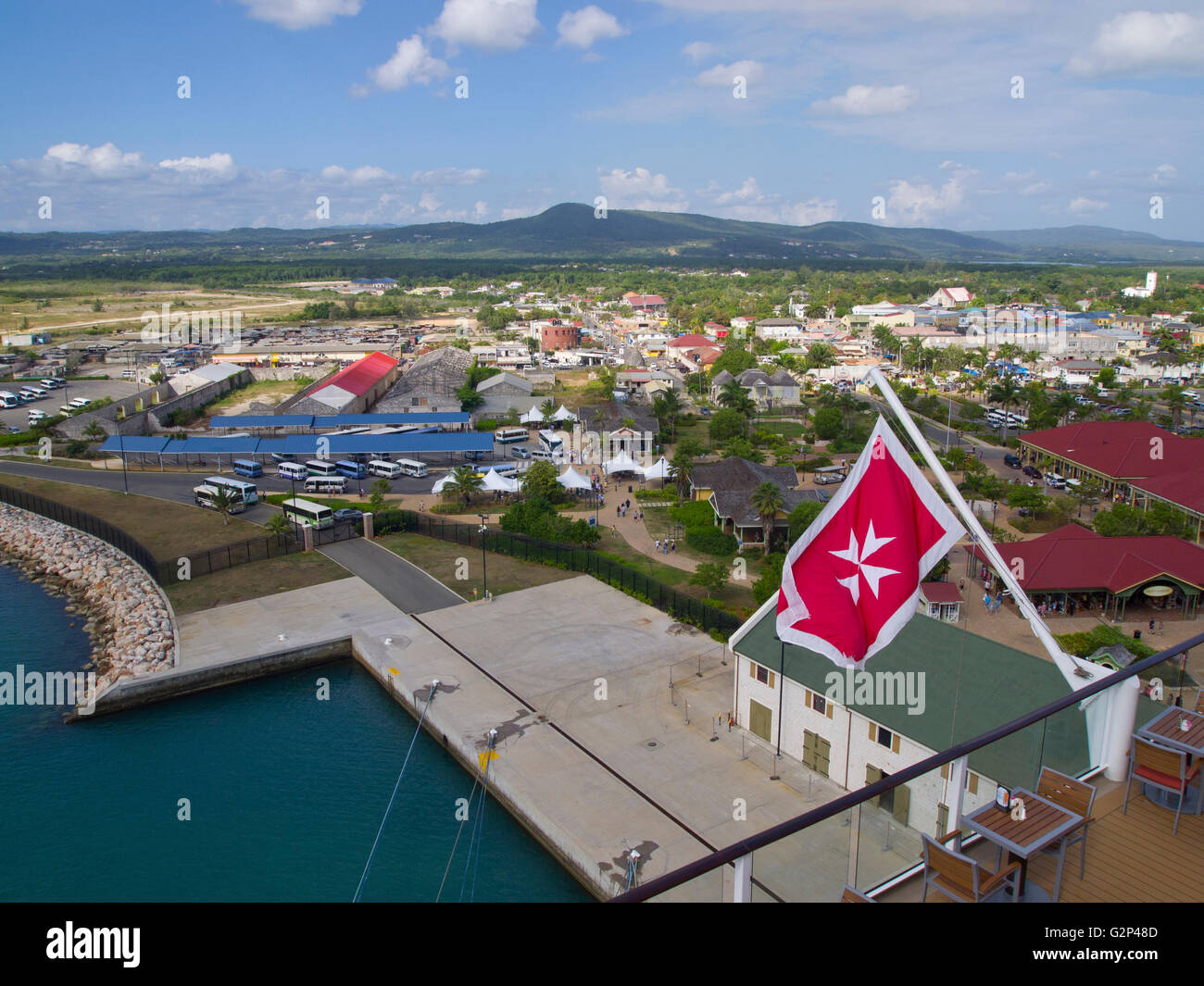 view of cruise port and downtown Falmouth Jamaica from back of ship ...